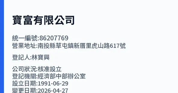 寶富有限公司的照片-統編 86207769(南投縣) 公司登記資料與營業項目詳細圖表