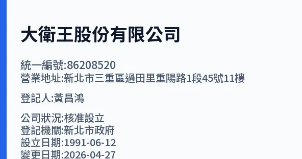 大衛王股份有限公司的照片-統編 86208520(新北市) 公司登記資料與營業項目詳細圖表