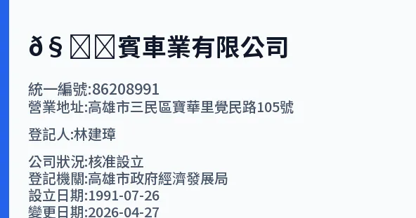𧙗賓車業有限公司的照片-統編 86208991(高雄市) 公司登記資料與營業項目詳細圖表