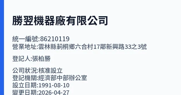 勝翌機器廠有限公司的照片-統編 86210119(雲林縣) 公司登記資料與營業項目詳細圖表