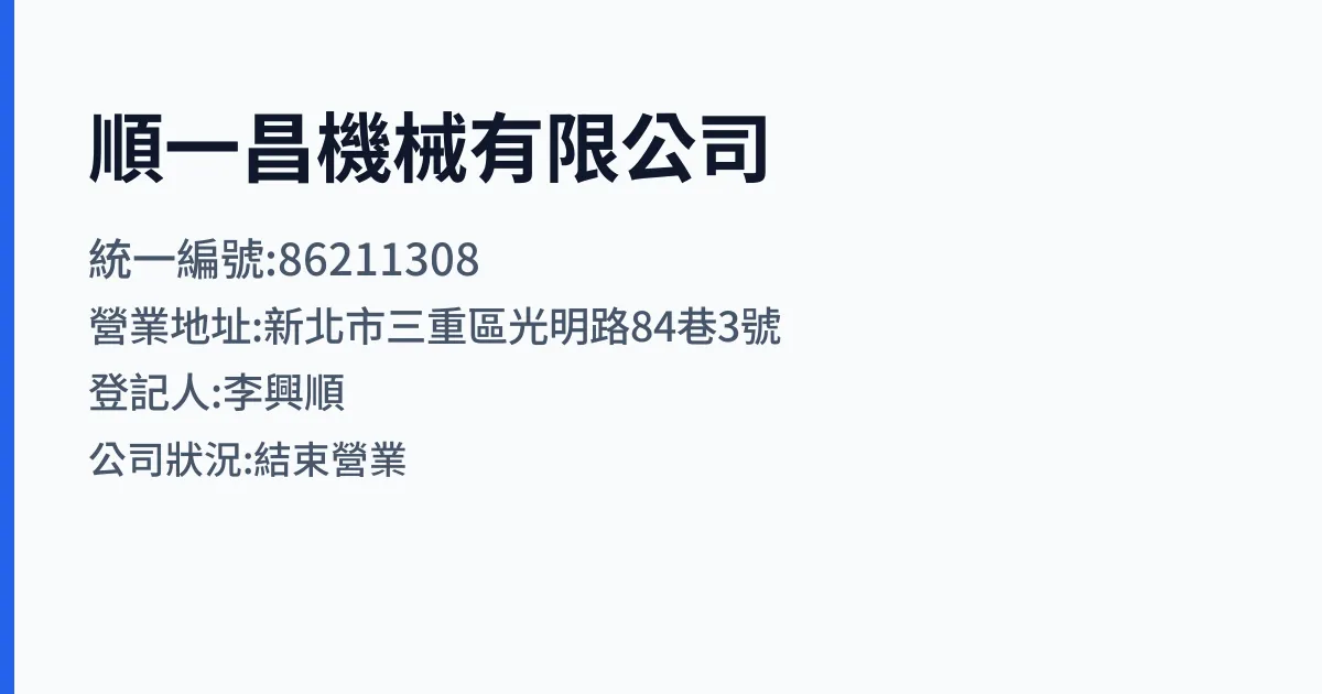 順一昌機械有限公司 - 統編 86211308(新北市) 公司登記資料與營業項目詳細圖表