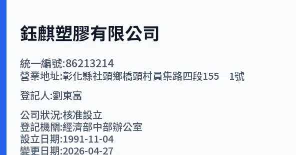鈺麒塑膠有限公司的照片-統編 86213214(彰化縣) 公司登記資料與營業項目詳細圖表