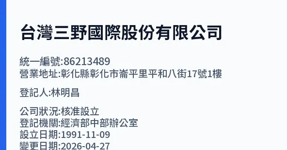 台灣三野國際股份有限公司的照片-統編 86213489(彰化縣) 公司登記資料與營業項目詳細圖表