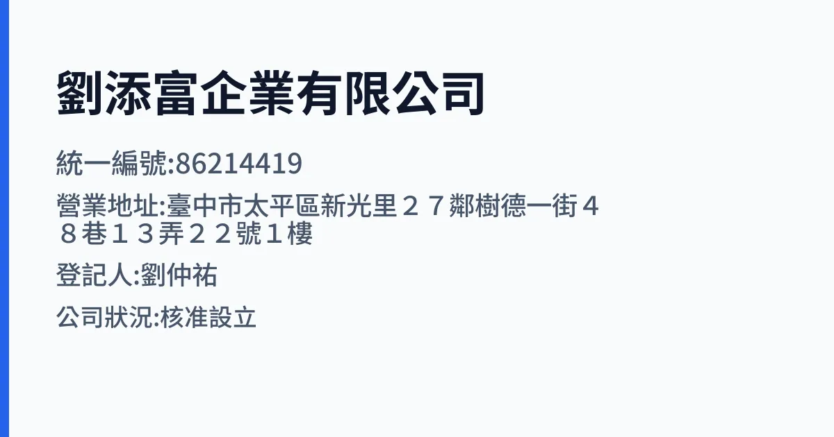 劉添富企業有限公司 - 統編 86214419(臺中市) 公司登記資料與營業項目詳細圖表