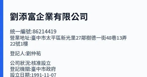 劉添富企業有限公司的照片-統編 86214419(臺中市) 公司登記資料與營業項目詳細圖表