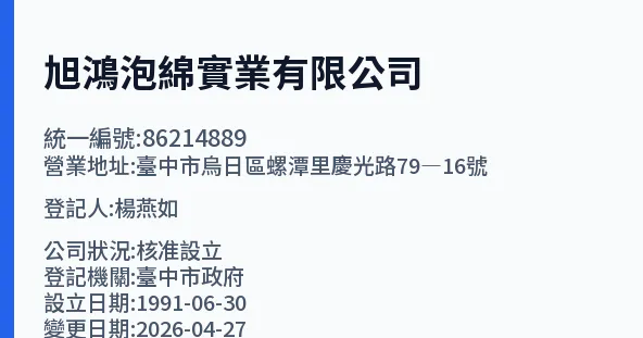 旭鴻泡綿實業有限公司的照片-統編 86214889(臺中市) 公司登記資料與營業項目詳細圖表