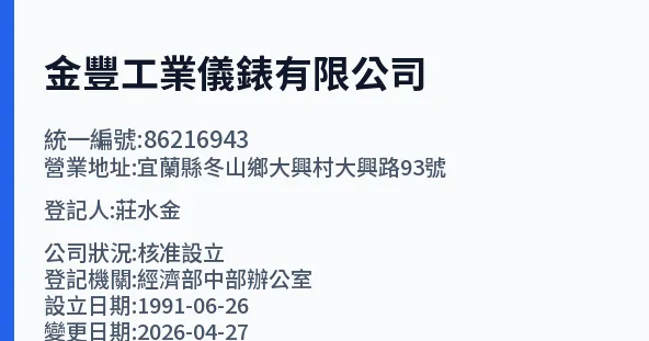 金豐工業儀錶有限公司的照片-統編 86216943(宜蘭縣) 公司登記資料與營業項目詳細圖表
