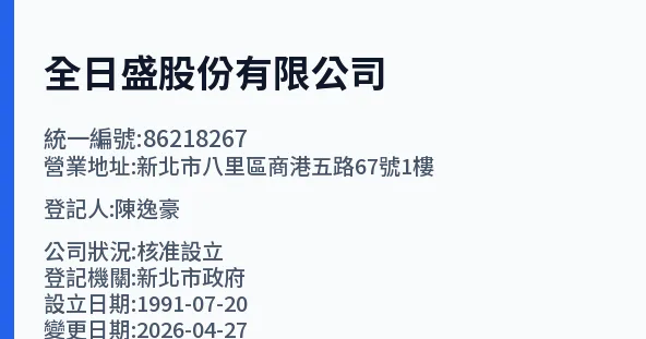 全日盛股份有限公司的照片-統編 86218267(新北市) 公司登記資料與營業項目詳細圖表