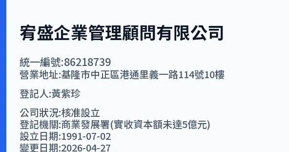 宥盛企業管理顧問有限公司的照片-統編 86218739(基隆市) 公司登記資料與營業項目詳細圖表