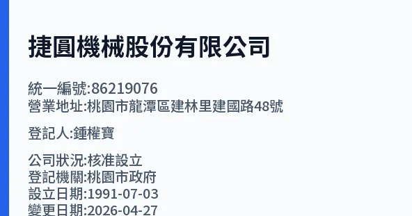 捷圓機械股份有限公司的照片-統編 86219076(桃園市) 公司登記資料與營業項目詳細圖表
