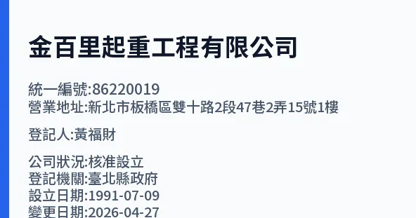 金百里起重工程有限公司的照片-統編 86220019(新北市) 公司登記資料與營業項目詳細圖表