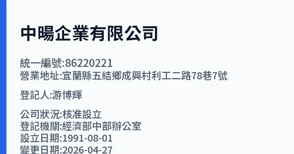 中暘企業有限公司的照片-統編 86220221(宜蘭縣) 公司登記資料與營業項目詳細圖表