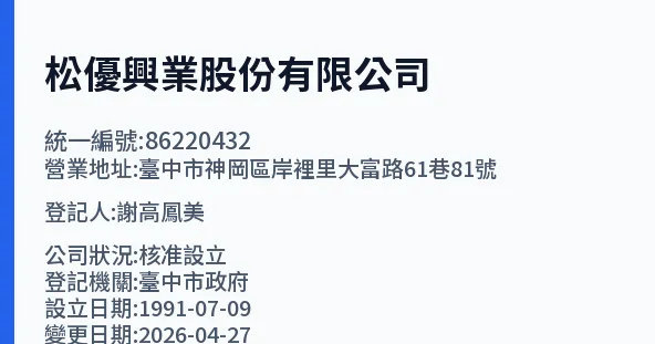 松優興業股份有限公司的照片-統編 86220432(臺中市) 公司登記資料與營業項目詳細圖表