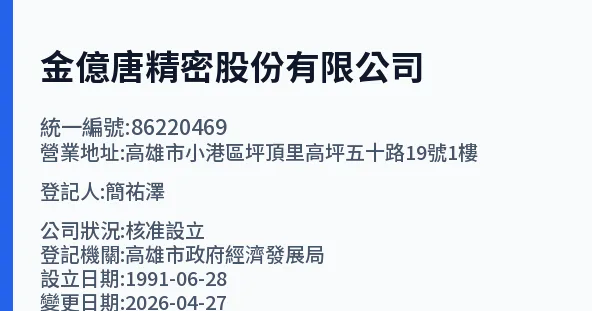 金億唐精密股份有限公司的照片-統編 86220469(高雄市) 公司登記資料與營業項目詳細圖表