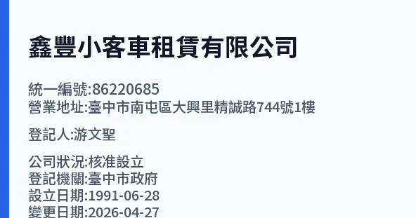 鑫豐小客車租賃有限公司的照片-統編 86220685(臺中市) 公司登記資料與營業項目詳細圖表
