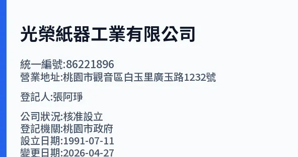 光榮紙器工業有限公司的照片-統編 86221896(桃園市) 公司登記資料與營業項目詳細圖表
