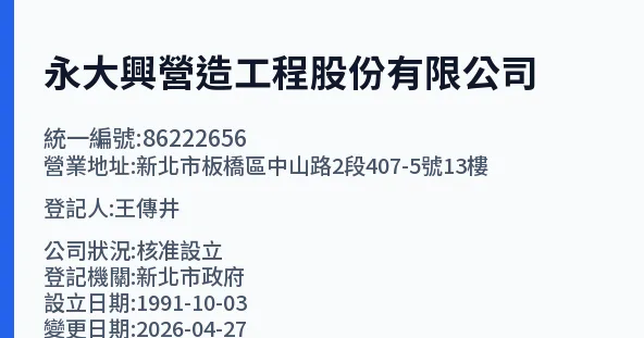 永大興營造工程股份有限公司的照片-統編 86222656(新北市) 公司登記資料與營業項目詳細圖表