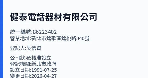健泰電話器材有限公司的照片-統編 86223402(新北市) 公司登記資料與營業項目詳細圖表