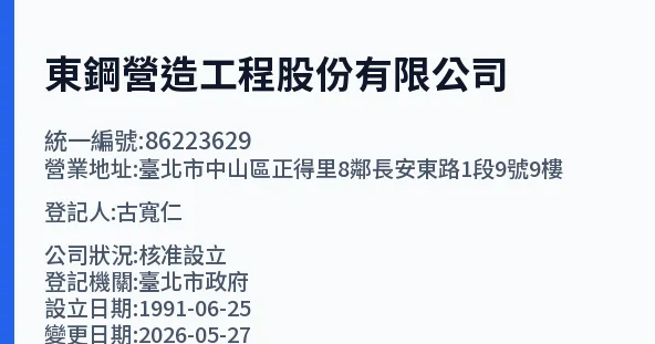 東鋼營造工程股份有限公司的照片-統編 86223629(臺北市) 公司登記資料與營業項目詳細圖表