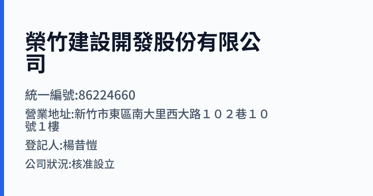 榮竹建設開發股份有限公司 - 統編 86224660(新竹市) 公司登記資料與營業項目詳細圖表