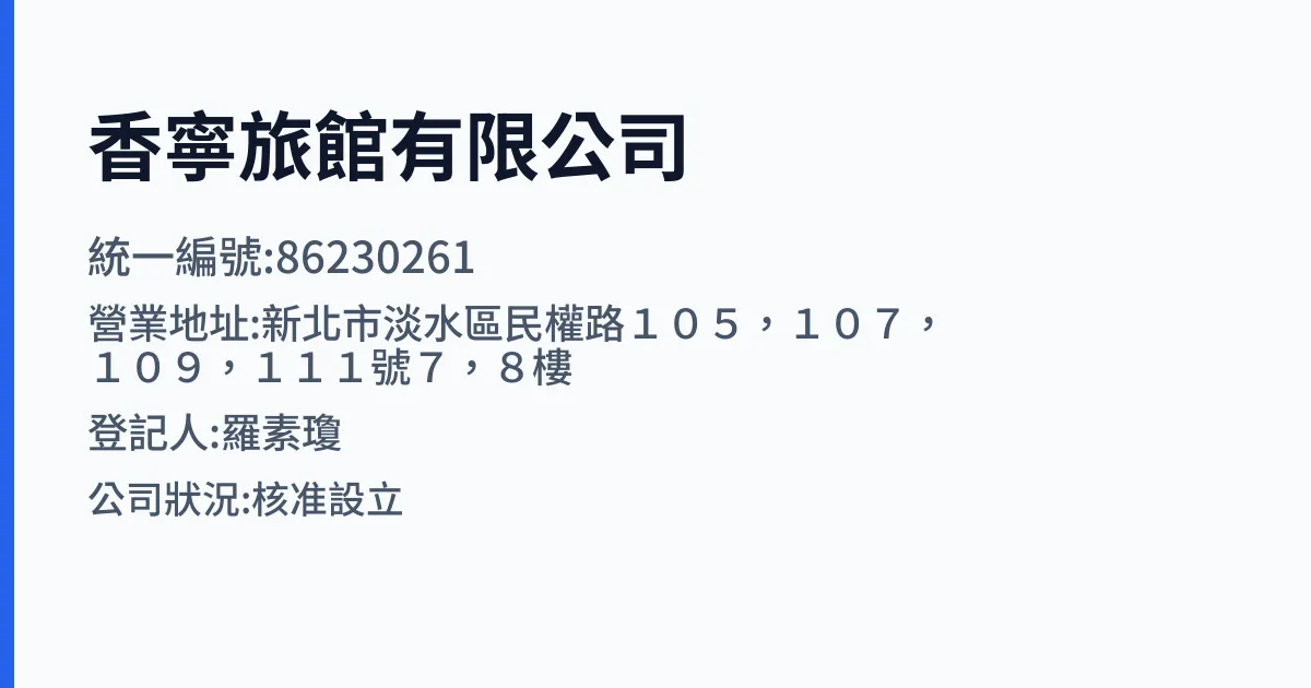香寧旅館有限公司 - 統編 86230261(新北市) 公司登記資料與營業項目詳細圖表