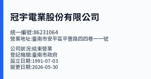 冠宇電業股份有限公司的照片-統編 86231064(臺南市) 公司登記資料與營業項目詳細圖表