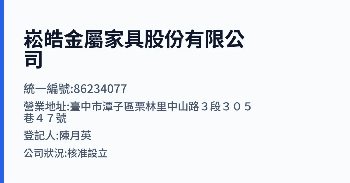 崧皓金屬家具股份有限公司 - 統編 86234077(臺中市) 公司登記資料與營業項目詳細圖表