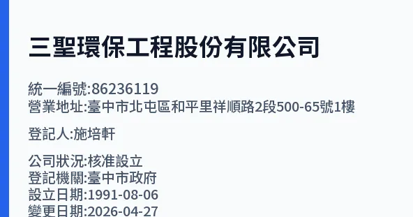 三聖環保工程股份有限公司的照片-統編 86236119(臺中市) 公司登記資料與營業項目詳細圖表