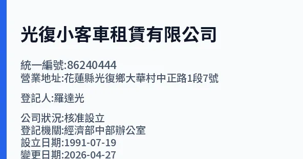 光復小客車租賃有限公司的照片-統編 86240444(花蓮縣) 公司登記資料與營業項目詳細圖表