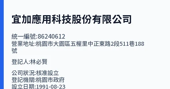 宜加應用科技股份有限公司的照片-統編 86240612(桃園市) 公司登記資料與營業項目詳細圖表