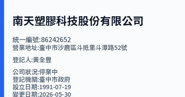 南天塑膠科技股份有限公司的照片-統編 86242652(臺中市) 公司登記資料與營業項目詳細圖表