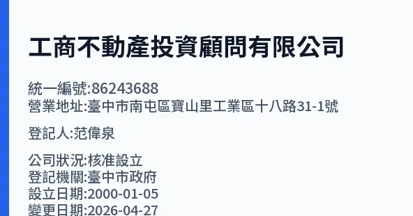 工商不動產投資顧問有限公司的照片-統編 86243688(臺中市) 公司登記資料與營業項目詳細圖表