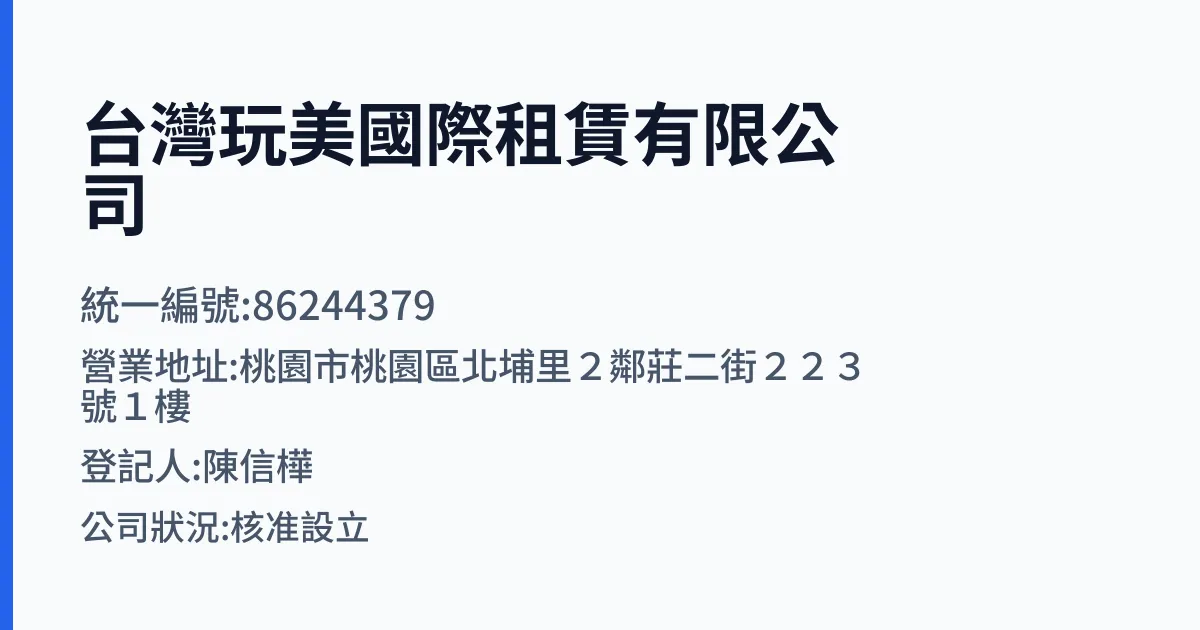 台灣玩美國際租賃有限公司 - 統編 86244379(桃園市) 公司登記資料與營業項目詳細圖表