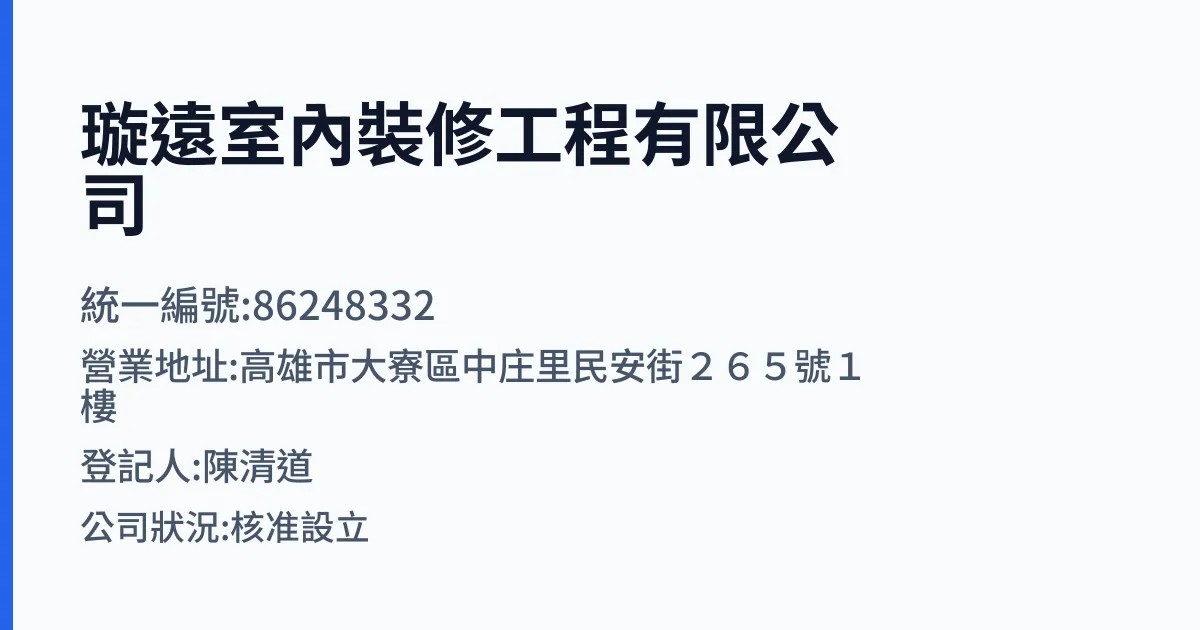 璇遠室內裝修工程有限公司 - 統編 86248332(高雄市) 公司登記資料與營業項目詳細圖表