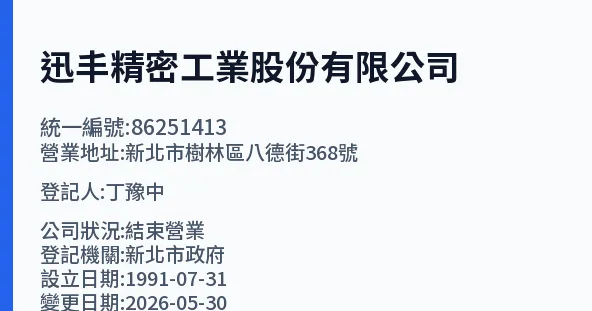 迅丰精密工業股份有限公司的照片-統編 86251413(新北市) 公司登記資料與營業項目詳細圖表