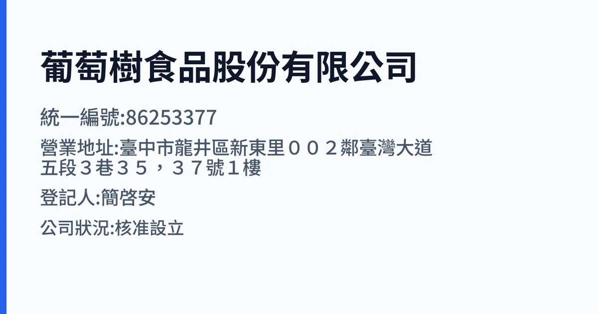 葡萄樹食品股份有限公司 - 統編 86253377(臺中市) 公司登記資料與營業項目詳細圖表