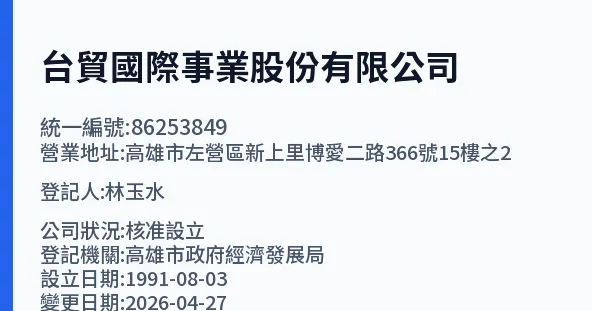 台貿國際事業股份有限公司的照片-統編 86253849(高雄市) 公司登記資料與營業項目詳細圖表