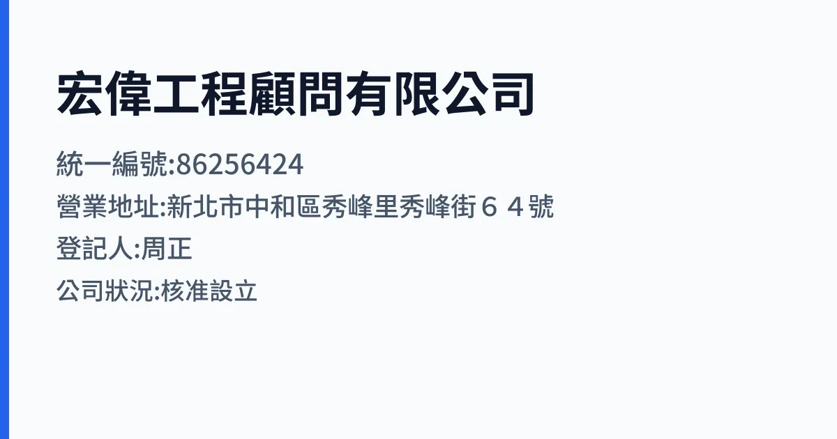 宏偉工程顧問有限公司 - 統編 86256424（新北市） 公司登記資料與營業項目詳細圖表