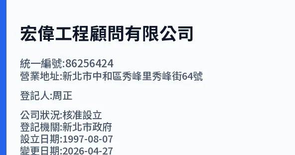 宏偉工程顧問有限公司的照片-統編 86256424(新北市) 公司登記資料與營業項目詳細圖表