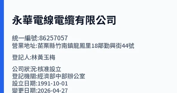 永華電線電纜有限公司的照片-統編 86257057(苗栗縣) 公司登記資料與營業項目詳細圖表