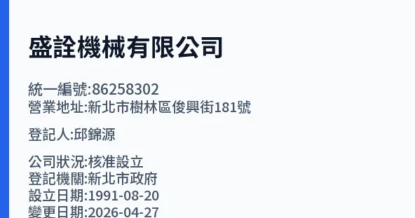 盛詮機械有限公司的照片-統編 86258302(新北市) 公司登記資料與營業項目詳細圖表