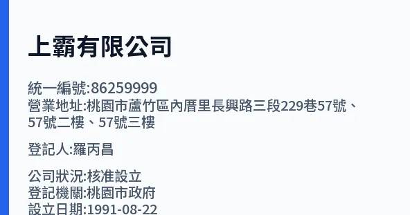 上霸有限公司的照片-統編 86259999(桃園市) 公司登記資料與營業項目詳細圖表