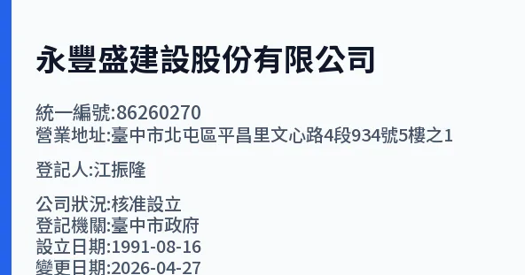 永豐盛建設股份有限公司的照片-統編 86260270(臺中市) 公司登記資料與營業項目詳細圖表