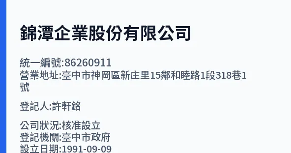 錦潭企業股份有限公司的照片-統編 86260911(臺中市) 公司登記資料與營業項目詳細圖表