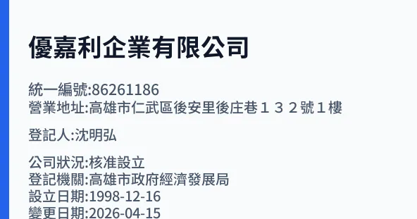 優嘉利企業有限公司的照片-統編 86261186(高雄市) 公司登記資料與營業項目詳細圖表