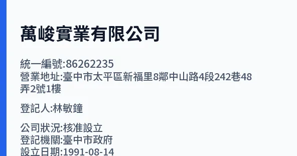 萬峻實業有限公司的照片-統編 86262235(臺中市) 公司登記資料與營業項目詳細圖表