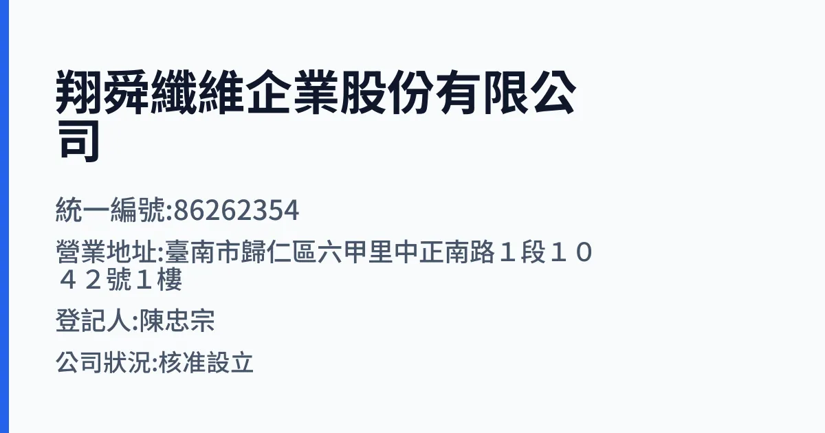 翔舜纖維企業股份有限公司 - 統編 86262354(臺南市) 公司登記資料與營業項目詳細圖表