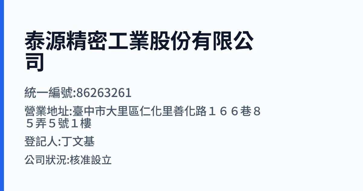 泰源精密工業股份有限公司 - 統編 86263261(臺中市) 公司登記資料與營業項目詳細圖表