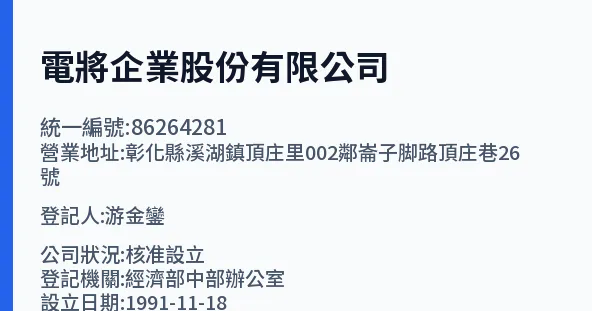 電將企業股份有限公司的照片-統編 86264281(彰化縣) 公司登記資料與營業項目詳細圖表