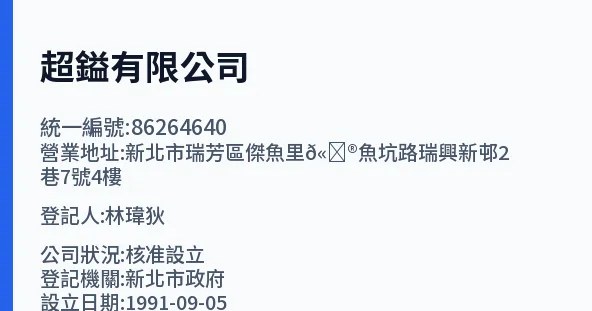 超鎰有限公司的照片-統編 86264640(新北市) 公司登記資料與營業項目詳細圖表